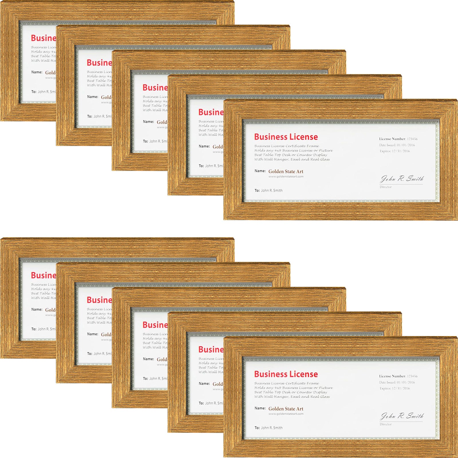 Gold Textured Frame for 4x9 Business License/Certificates with Real Gl ...