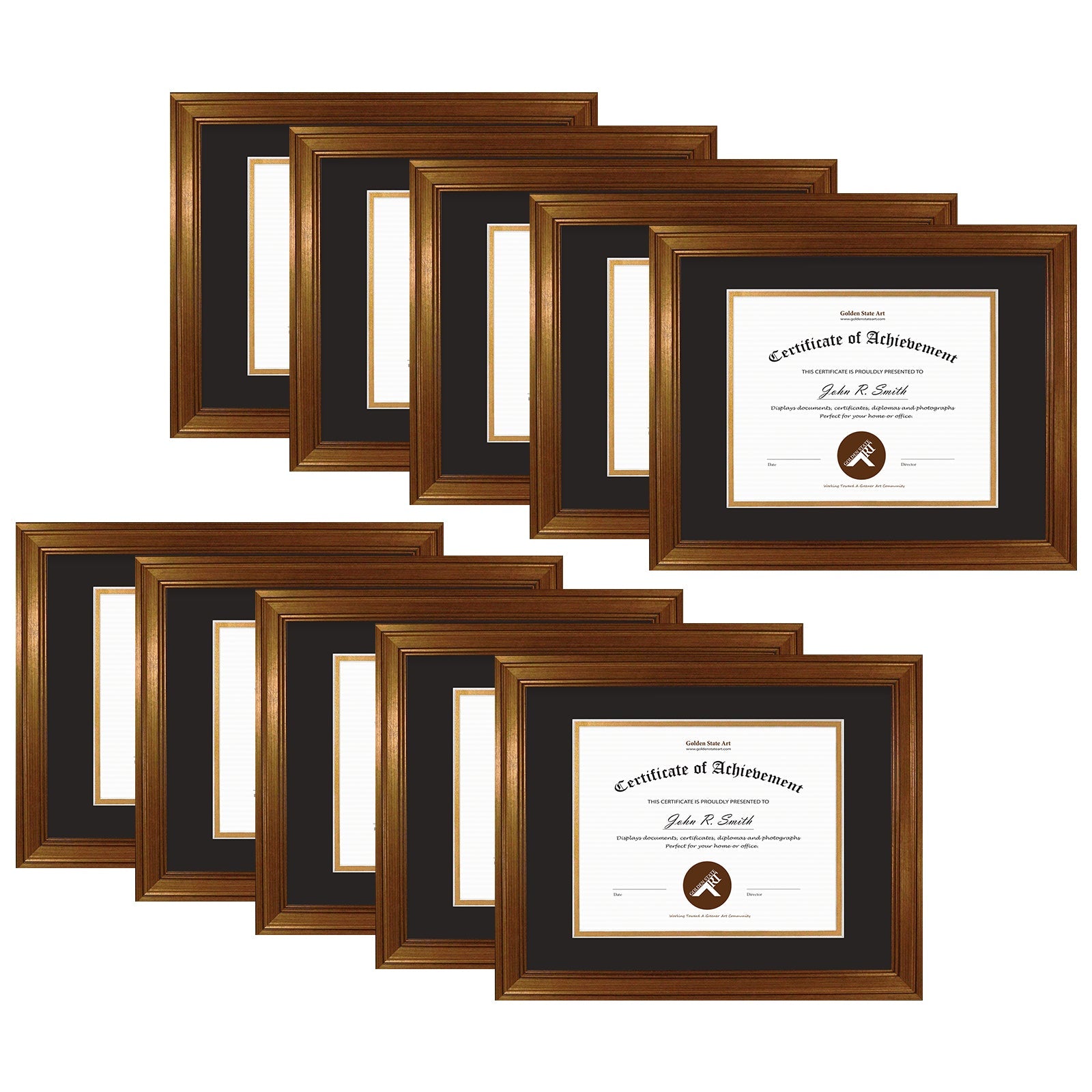 Golden State Art 11x14 Dark Gold Polystyrene Diploma Frame with Tricom Black Old Gold Mat and Real Glass 10 Pack